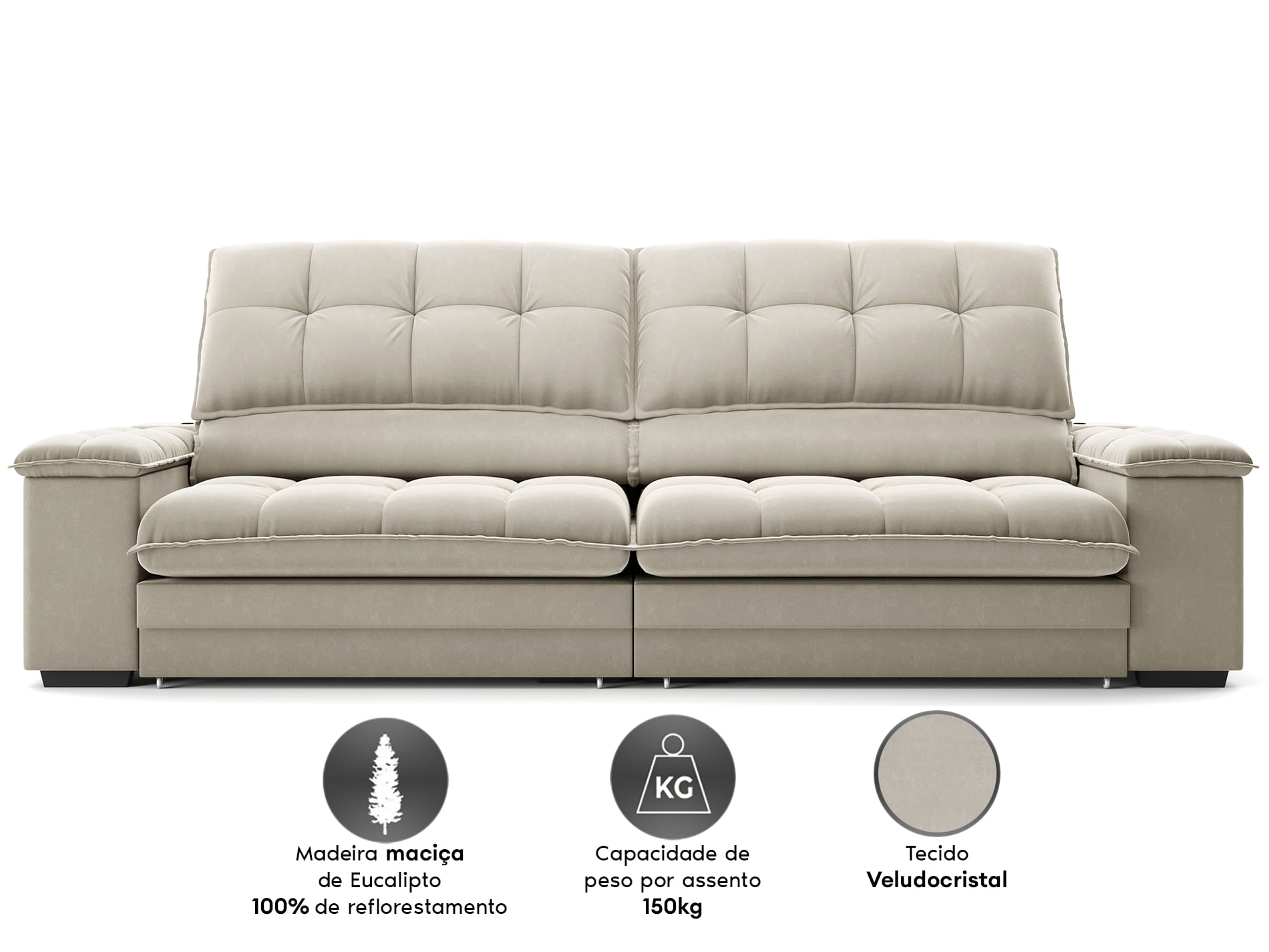 Sofa Com Porta Copos E Carregador Usb Ret Rec Luke 2 10m Veludocristal Areia Netsofas